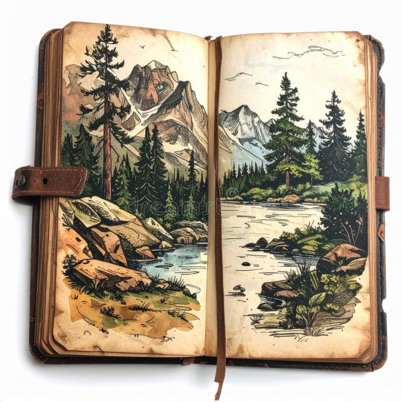 Vintage Book Open To Mountain River Landscape Drawing Stock Image ...