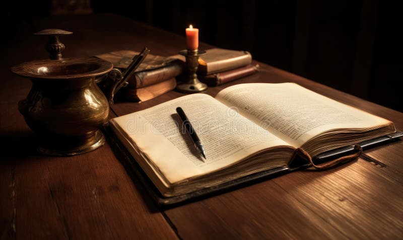 Inkwell and Old Book Displayed on Rustic Table Creating Using ...