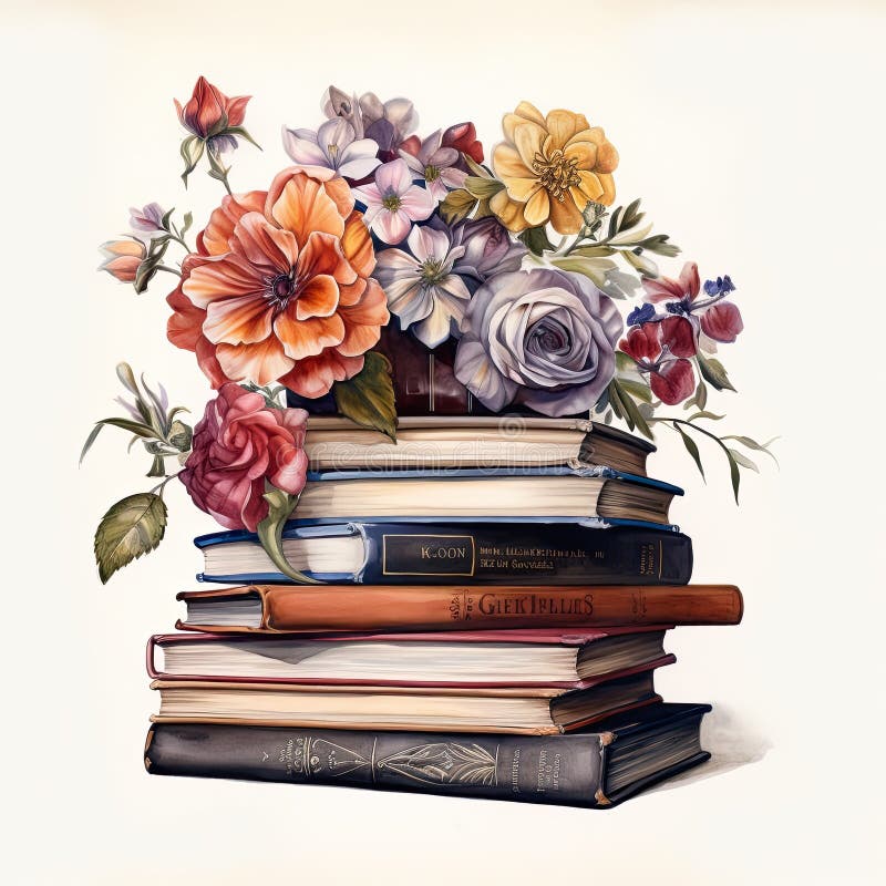 Vintage Book Stack Woth Flower. Illustration AI Generative Stock ...