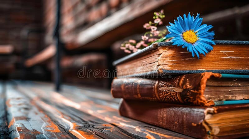Vintage Books with Blue Daisy on Rustic Wooden Bench in Library Setting ...