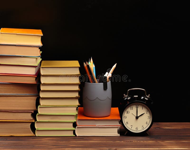 Vintage Books and Clock on Wooden Table Stock Image - Image of leisure ...