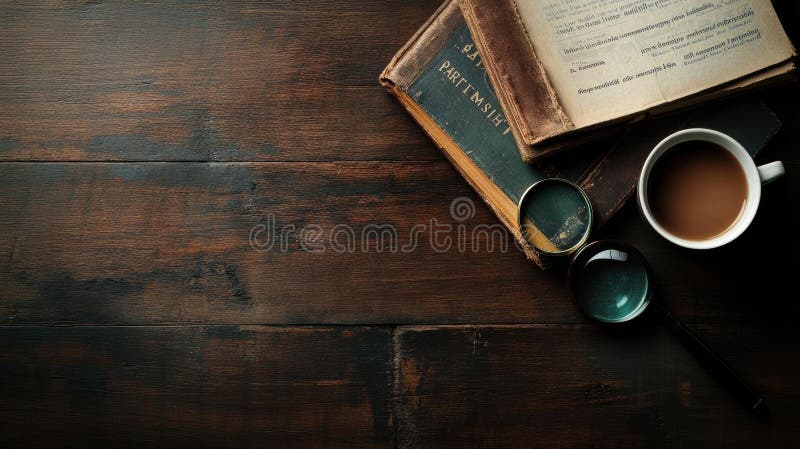 Vintage Books, Magnifying Glass, and a Cup of Coffee, a Classic Study ...