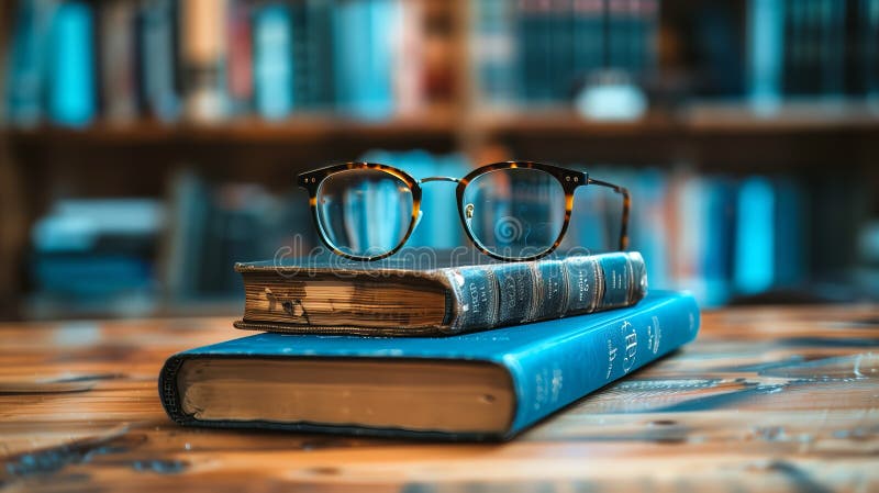 Vintage Books with Reading Glasses in Library Stock Illustration ...