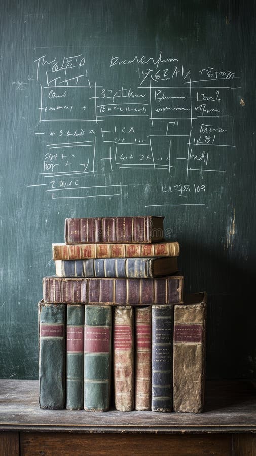 Vintage Books Stacked in Front of a Chalkboard with Diagrams Stock ...