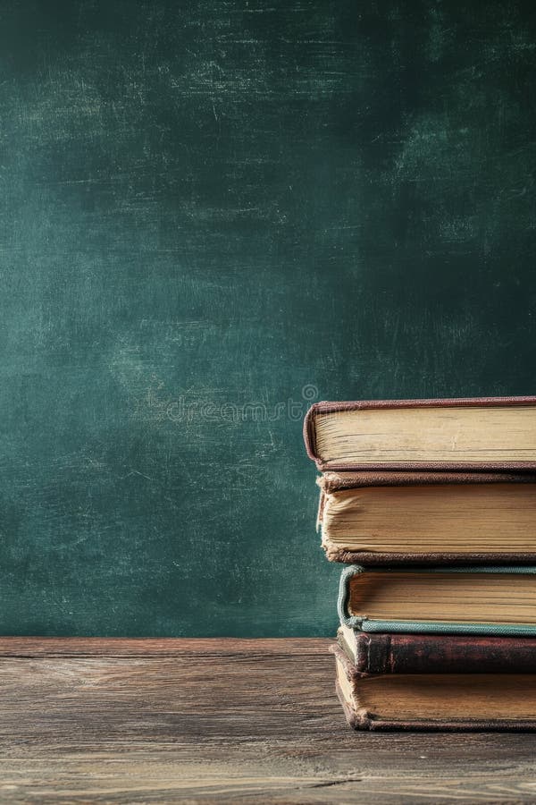 Vintage Books Stacked with an Open Book on Top Against a Chalkboard ...