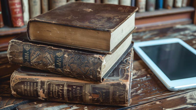 Vintage Books Stacked on Wooden Table beside Modern Tablet in Library ...