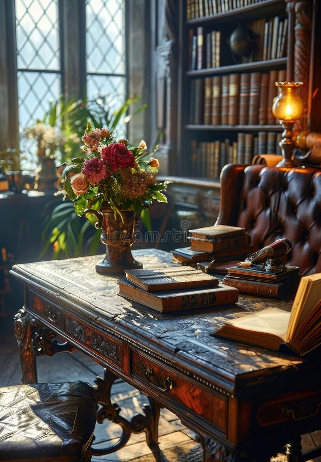 Vintage Books on Table in Library Stock Illustration - Illustration of ...