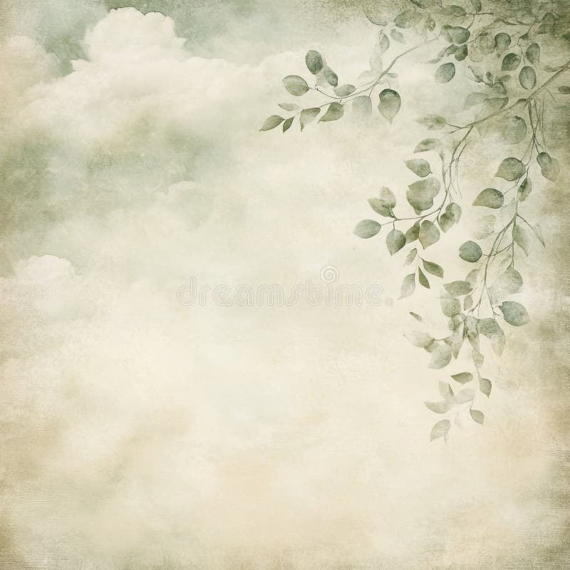 Vintage Botanical Background with Subtle Green Leaves and Soft Cloudy ...