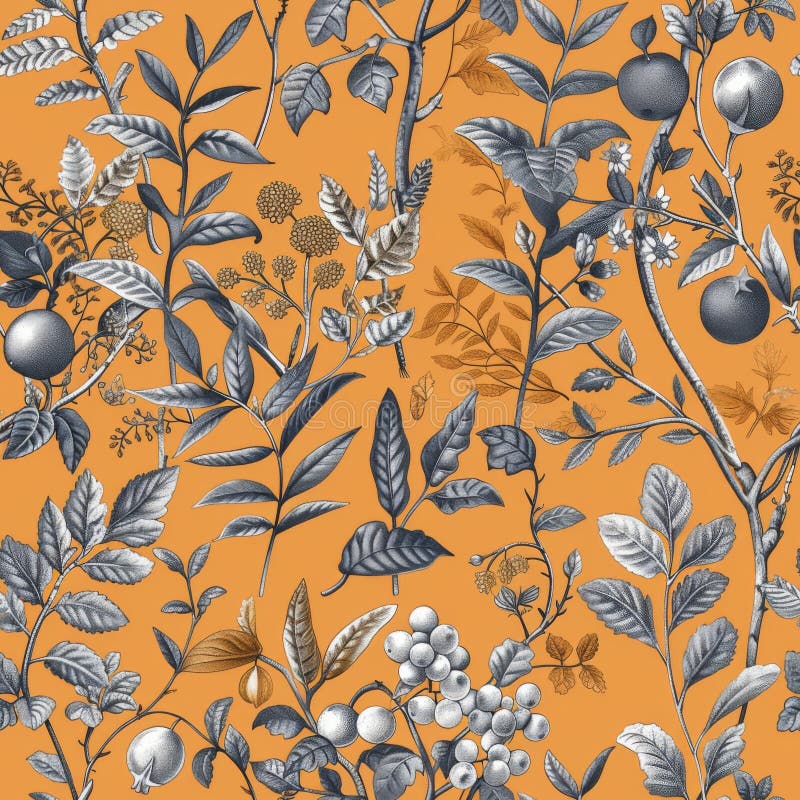 Vintage Botanical Illustration on Orange Background with Floral ...