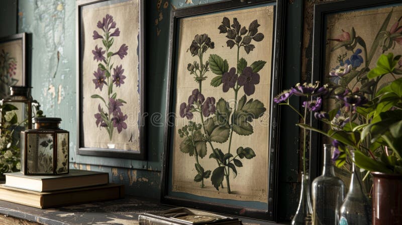 Vintage Botanical Illustrations Displayed in Rustic Interior Setting ...