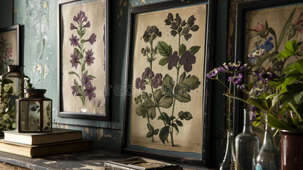 Vintage Botanical Illustrations Displayed in Rustic Interior Setting ...