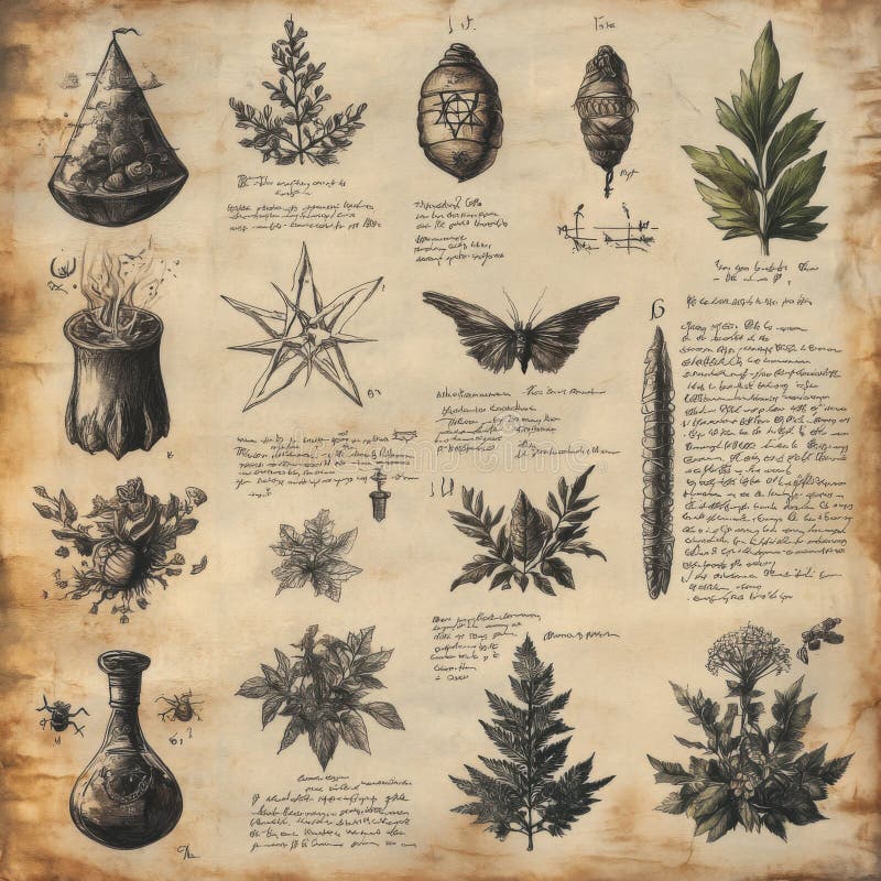 Vintage Botanical Illustrations with Insects and Scientific Annotations ...