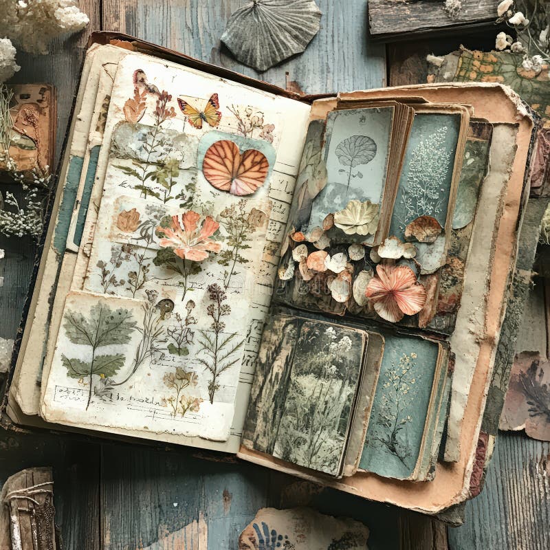 Vintage Botanical Journal with Pressed Flowers and Natural Elements Stock Image - Image of ...