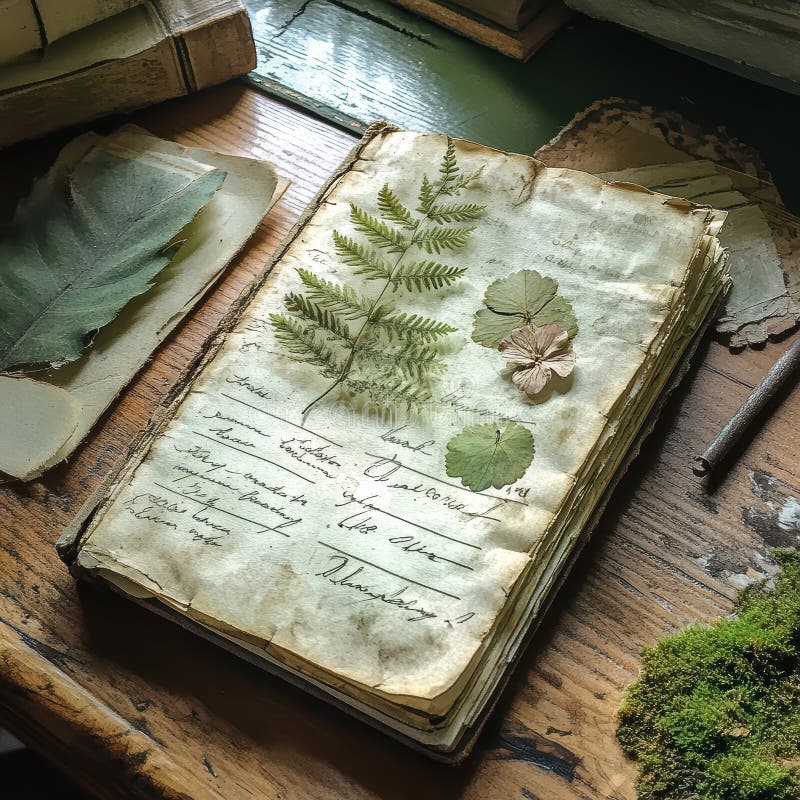 Vintage Botanical Journal with Pressed Leaves and Handwritten Notes ...