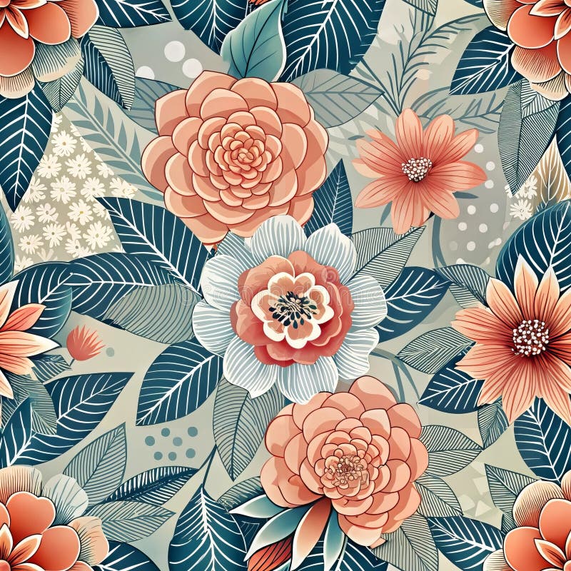 Vintage Botanical Pattern with Colorful Floral Designs and Leaves Stock ...