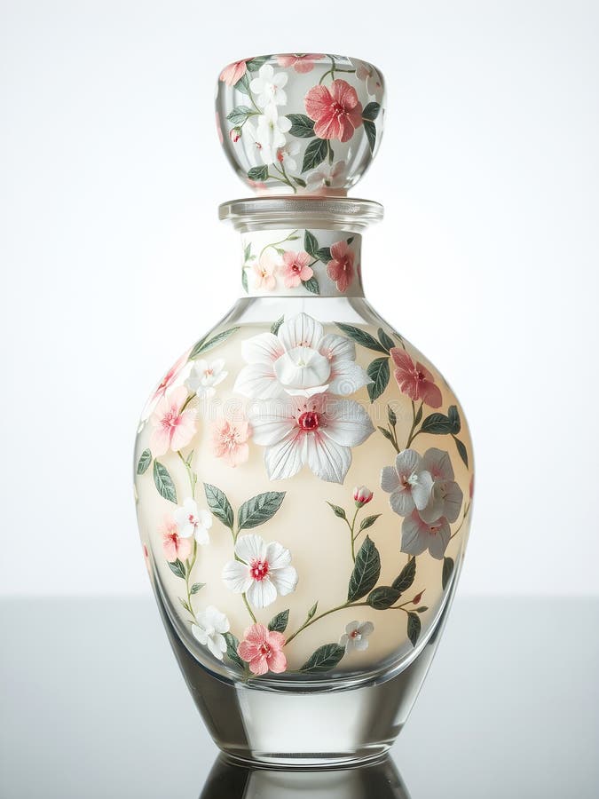 Vintage Bottle of Perfume with Floral Pattern on a White Background ...