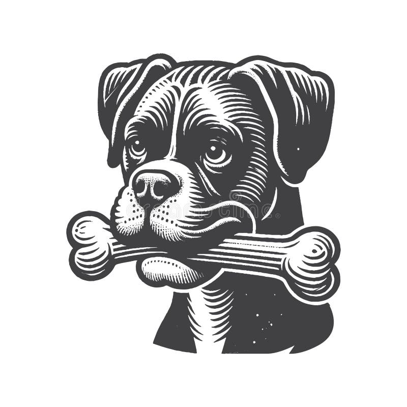 Vintage Boxer Dog with Bone in Mouth Engraved Illustration. Stock ...