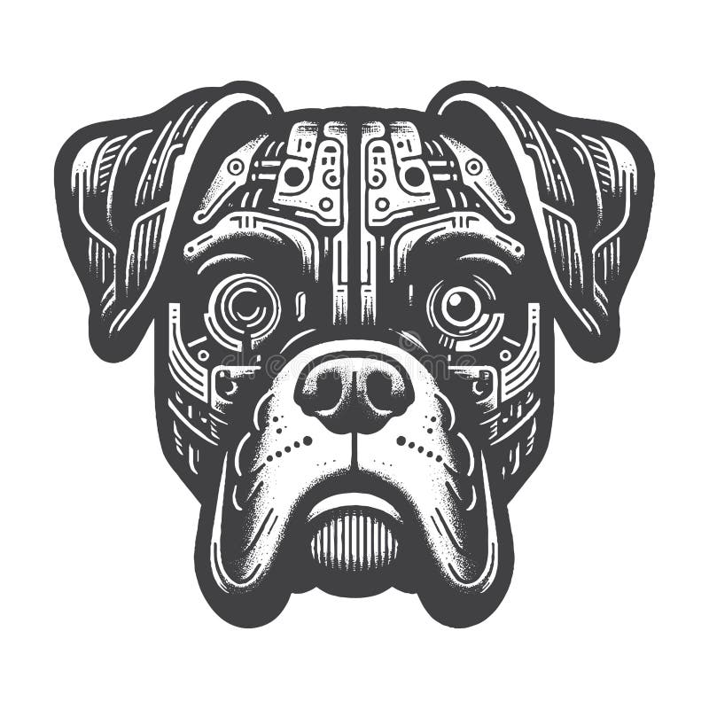 Vintage Boxer Dog Head with Robotic Features Engraved Vector ...