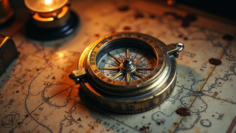 Vintage Brass Compass on Ancient World Map Illuminated by Candlelight Stock Image - Image of ...