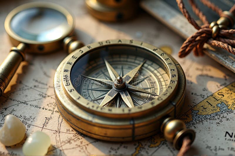 Vintage Brass Compass on Antique Map with Magnifying Glass and Rope ...