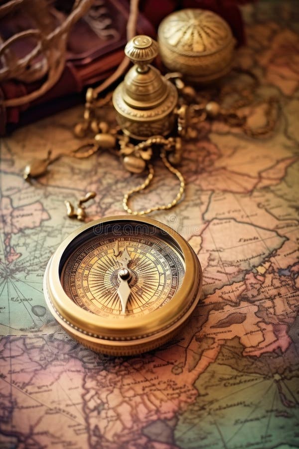 Vintage Brass Compass on Antique World Map Stock Illustration ...