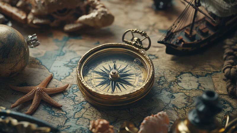 Vintage Brass Compass on an Antique World Map with Nautical Items Stock ...