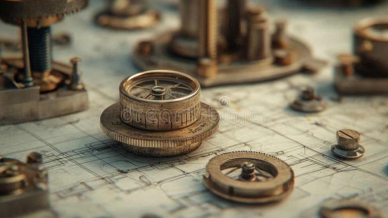 Vintage Brass Compass and Gears on Blueprint Stock Illustration ...