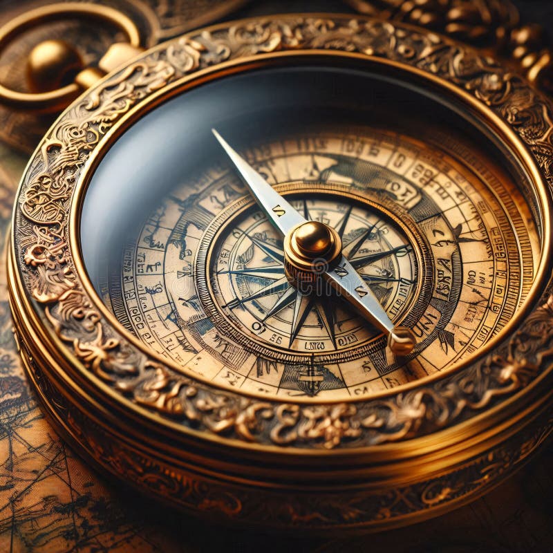 A Vintage Brass Compass with Intricate Engravings, Resting on a ...