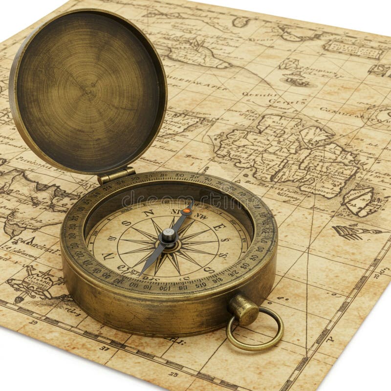 Vintage Brass Compass with an Open Lid Rests on an Antique Nautical Map ...