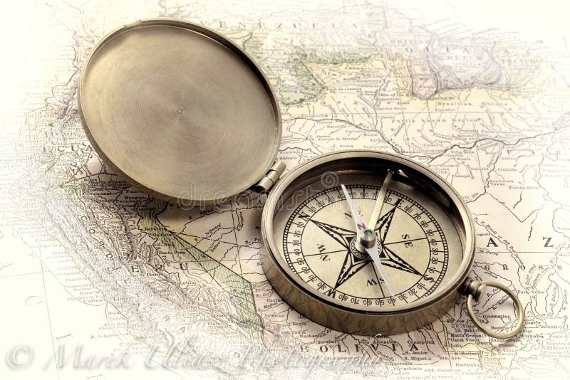 Vintage Brass Compass Over Old Map Stock Image - Image of peru, metal ...