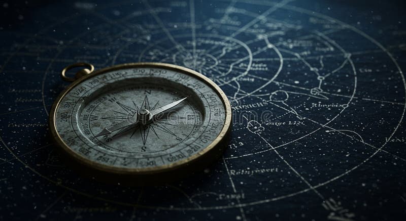 A Vintage Brass Compass Rests on a Celestial Map, Displaying a Dusty ...