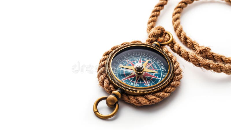 Vintage Brass Compass with a Rope on a White Background Stock ...