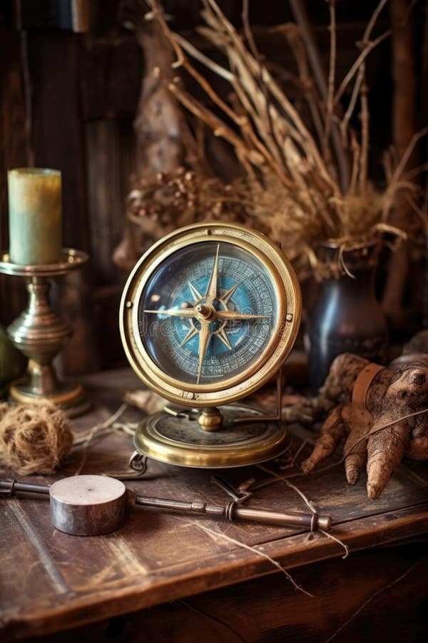 Vintage Brass Compass on a Rustic Wooden Table Stock Illustration ...
