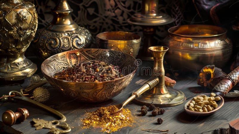 Vintage Brass Containers with Spices Stock Photo - Image of brass ...