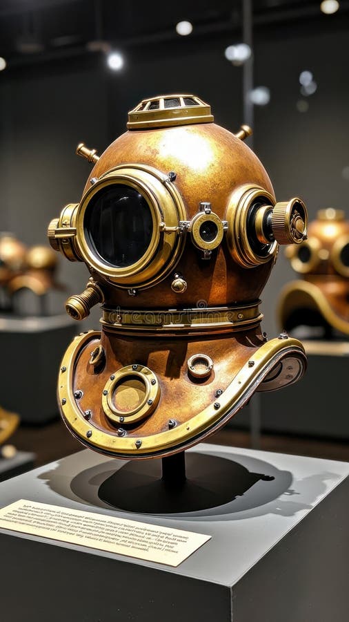 Vintage Brass Diving Helmet Display in Museum Exhibit Stock Photo ...