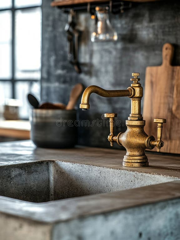 Vintage Brass Faucet in a Rustic Kitchen Setting. Stock Image - Image ...