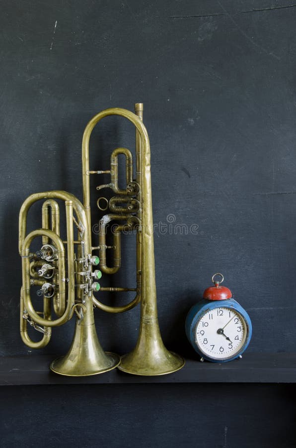 Vintage Brass Instruments and Retro Clock Stock Photo - Image of gold ...