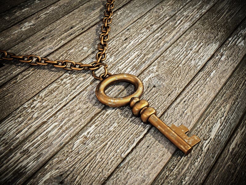 Vintage Brass Key Standing on Old Wood. 3D Illustration Stock ...