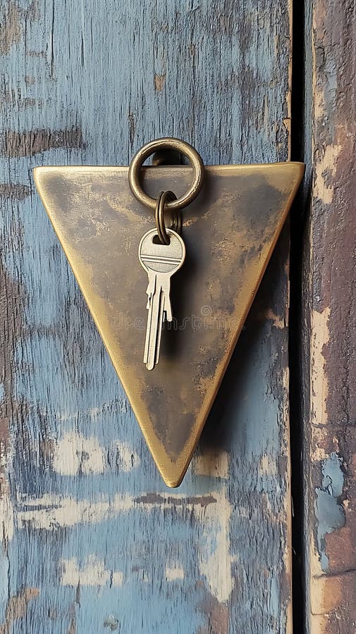 Vintage Brass Key and Triangle Shaped Key Hook on Weathered Blue Wooden ...