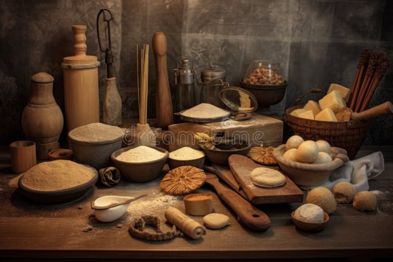 Vintage Bread Making Tools and Ingredients on Table Stock Image - Image ...