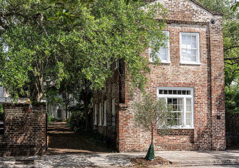 Vintage Brick House with a Tree in Front Stock Image - Image of ...