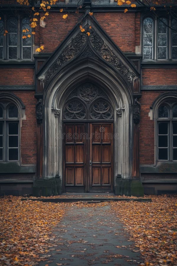 Vintage Brick Structure with a Grand Entrance and Double Doors Stock ...