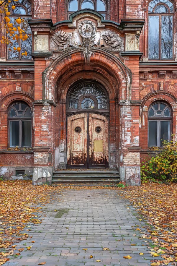Vintage Brick Structure& X27;s Entryway Featuring Grand Double Doors ...
