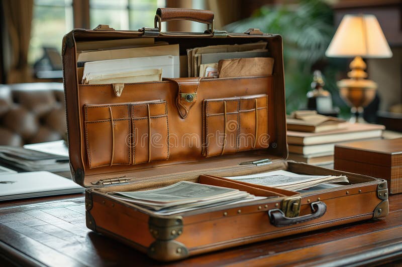 Vintage Briefcase Full of Documents Lying Open on Desk Stock ...