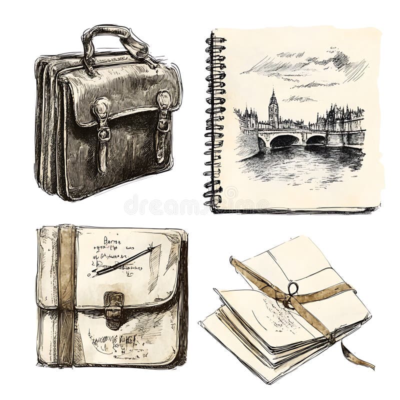 Vintage Briefcase, Sketchbook, Journal, and Letters Hand Drawn Ink ...