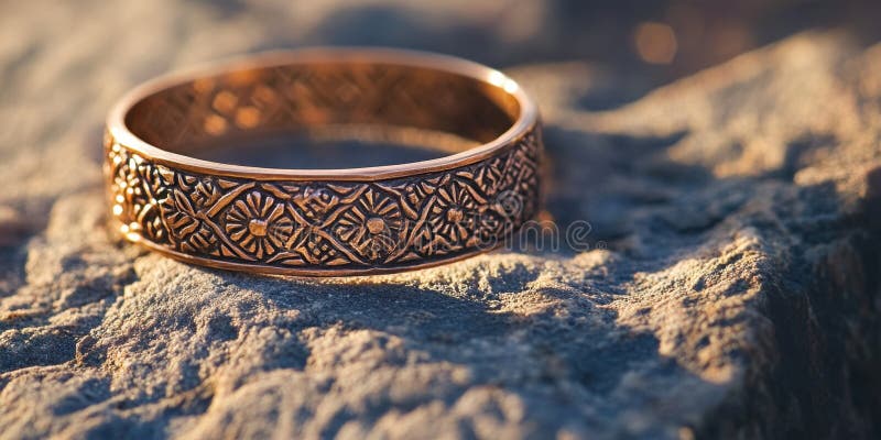 Vintage Bronze Ring with Intricate Patterns Resting on Stone Surface ...