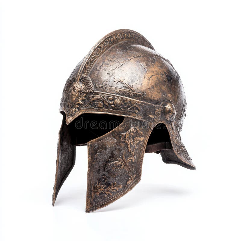 Vintage Bronze Warrior Helmet with Intricate Engravings on White ...