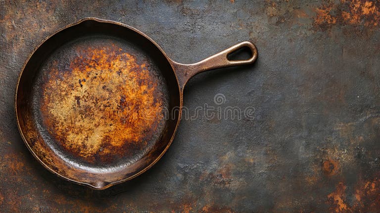 On a Vintage Brown Table, an Empty Iron Skillet with Rust Gathers Stock ...