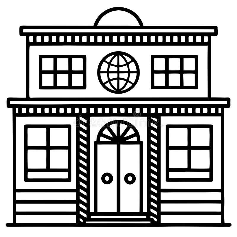 Vintage Building Outline with Globe and Decorative Windows for Coloring ...