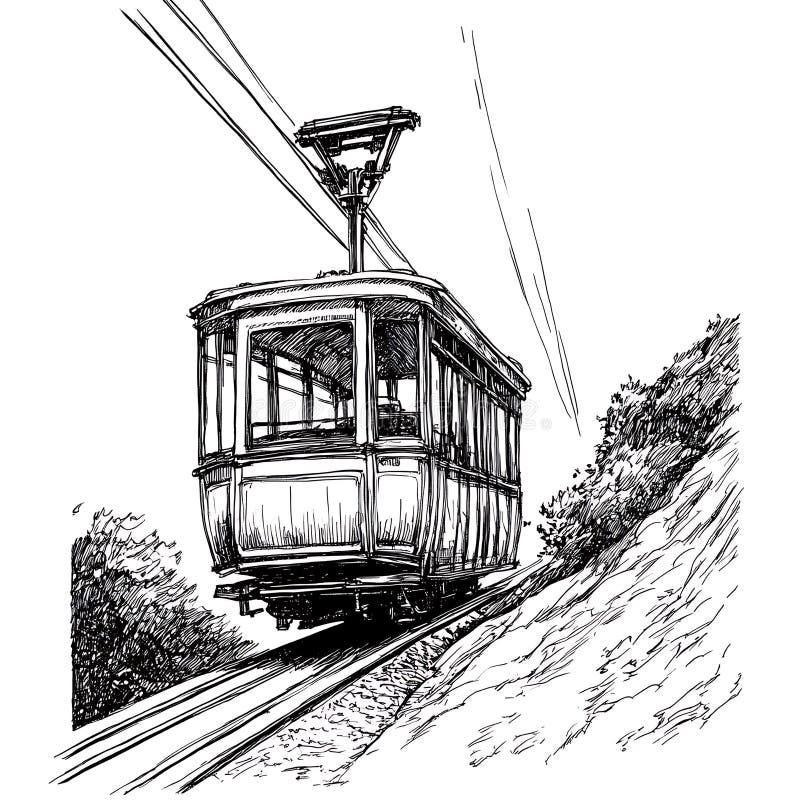 Vintage Cable Car Ascending a Hillside Stock Illustration ...